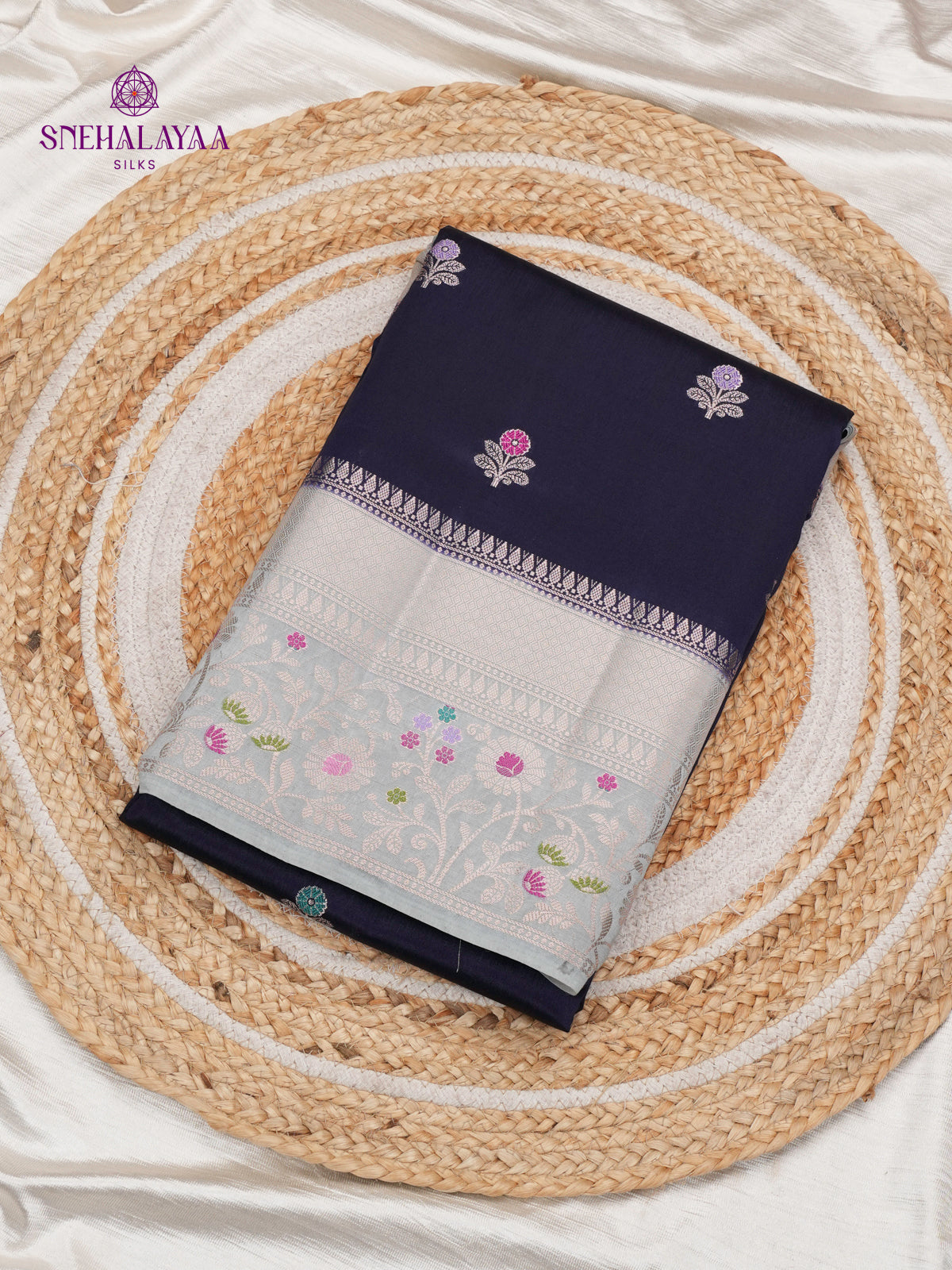 Navy Blue Chiniya Silk Saree with Mint Green Woven Border – Snehalayaa ...