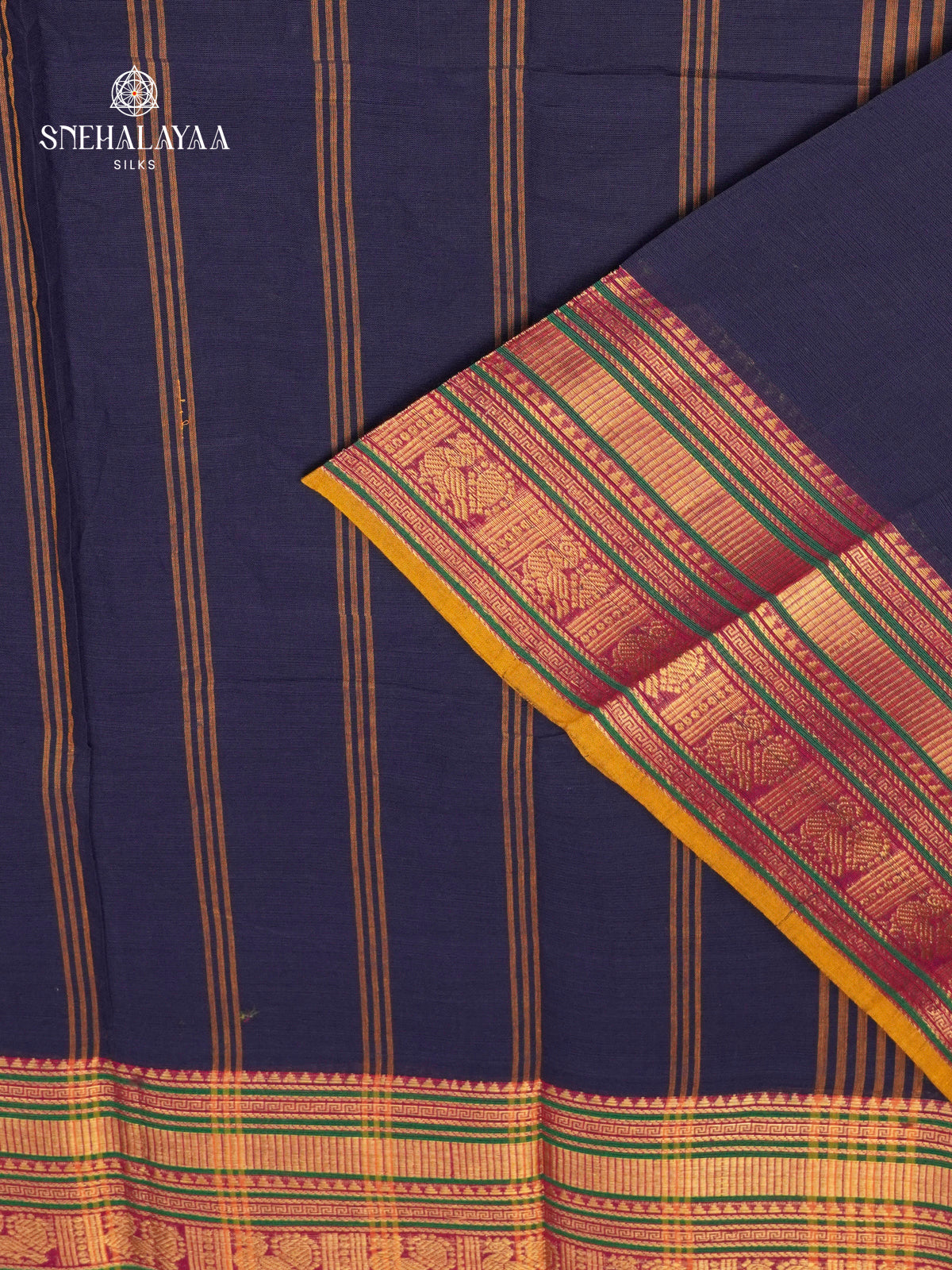 Navy Blue Kanchi Cotton Saree with Maroon & Green Zari Border ...
